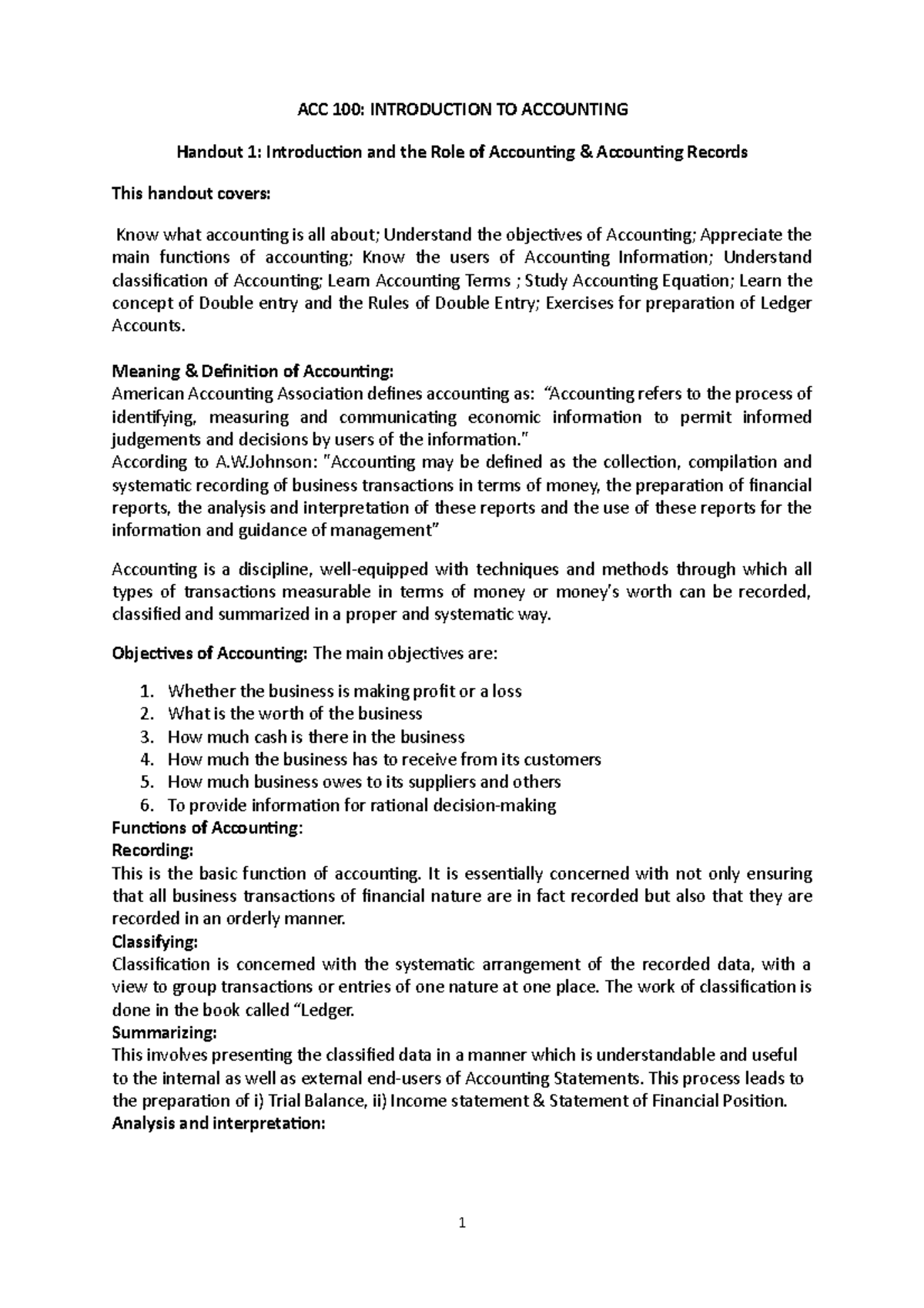 ACC 100 Handout 1 Introduction TO Accounting AND Ledger Accounts - ACC ...