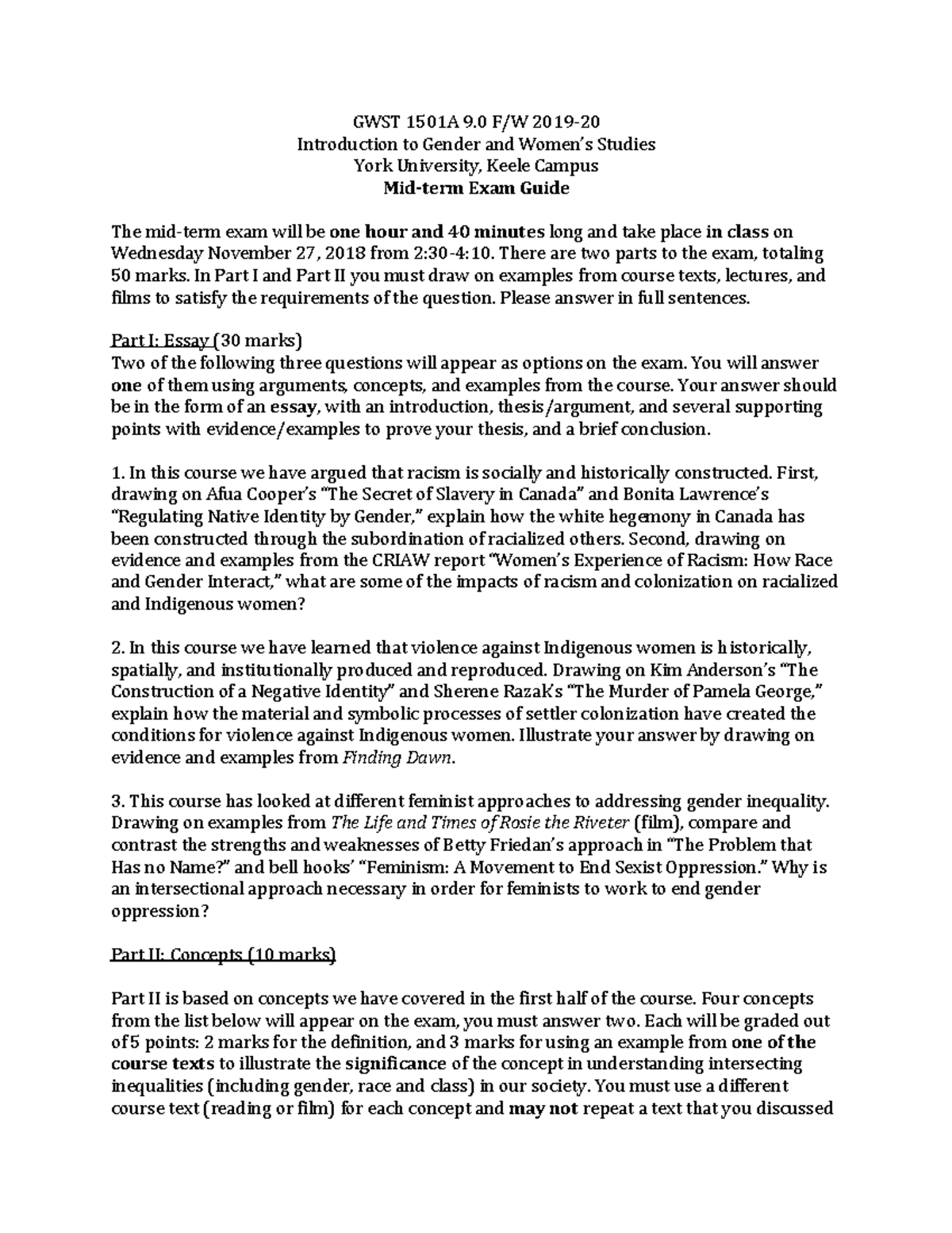 GWST 1501A Mid term study guide - GWST 1501A 9 F/W 2019- Introduction ...