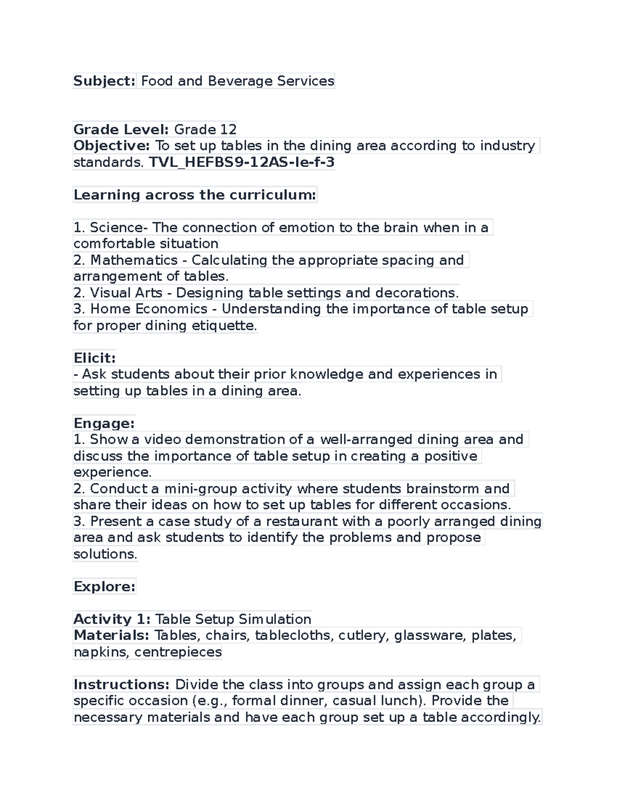 FBS Demontration 2- Set up tables in the dining area - Subject: Food ...