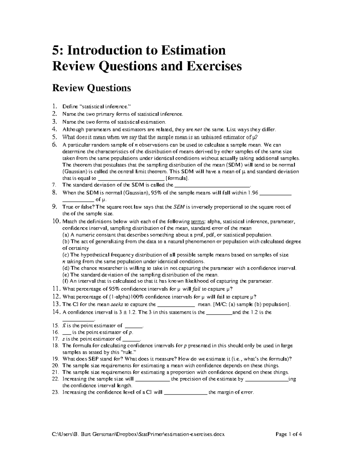 Estimation-exercises - 5: Introduction to Estimation Review Questions and Exercises Review ...