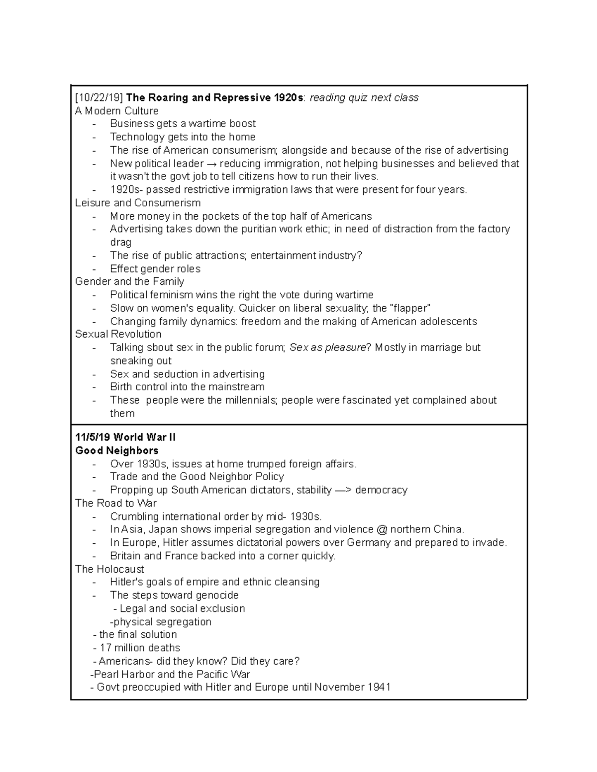 History Class Notes - [10/22/19] The Roaring and Repressive 1920s ...