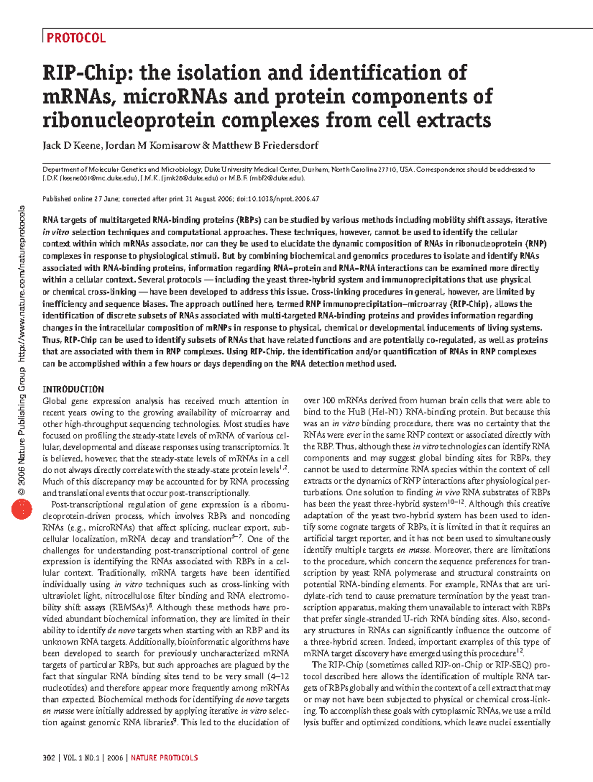 Article - 302 | VOL NO | 2006 | NATURE PROTOCOLS RIP-Chip: the ...