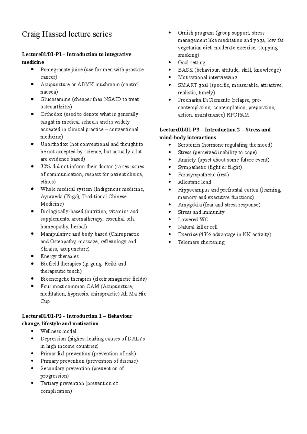 Summary - buzz words for the Craig's series - Craig Hassed lecture ...