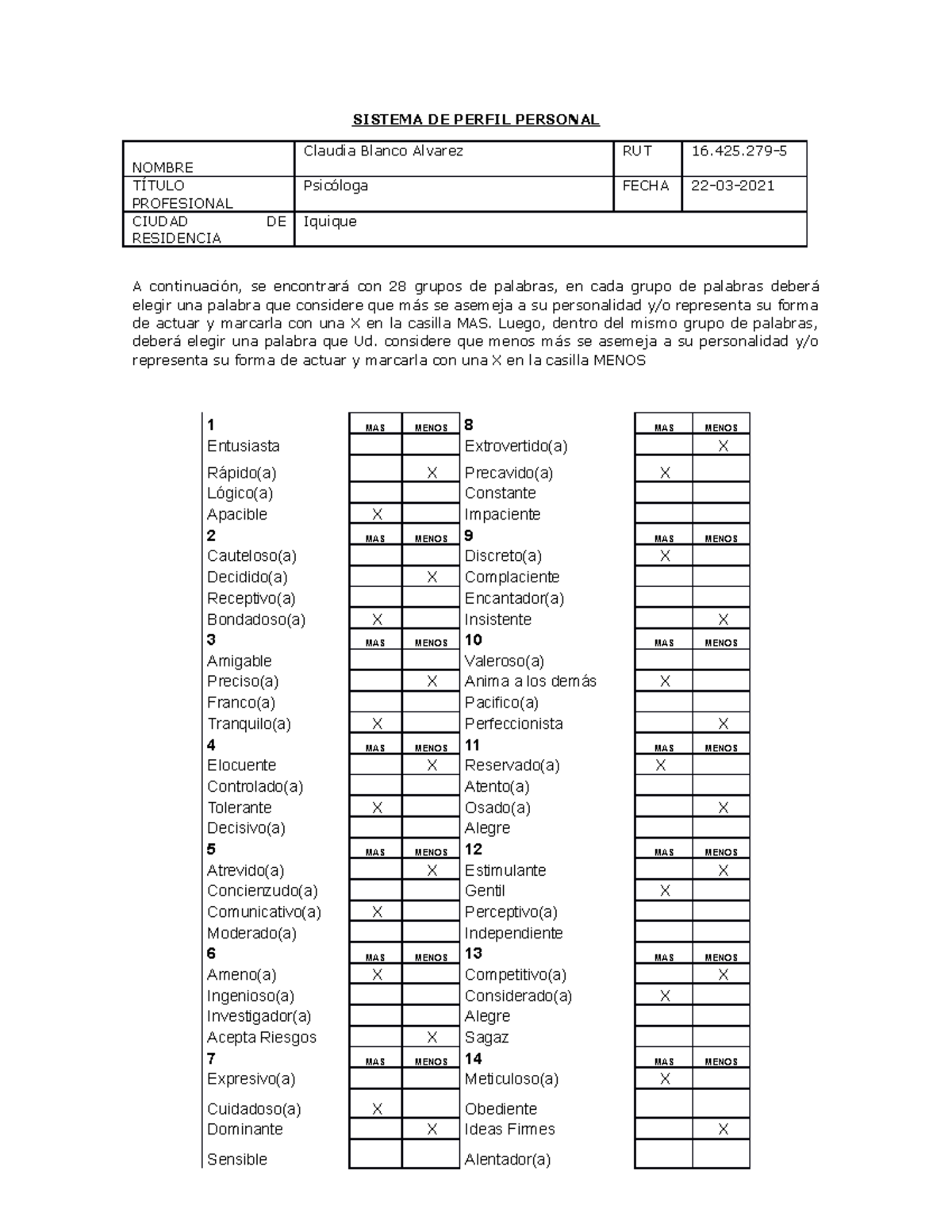 DISC - Test - SISTEMA DE PERFIL PERSONAL NOMBRE Claudia Blanco Alvarez ...