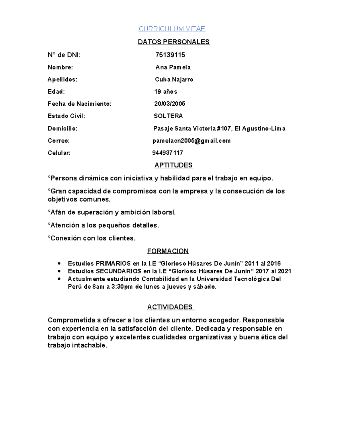 Currículum-Ingrid tineo - CURRICULUM VITAE DATOS PERSONALES N° de DNI ...