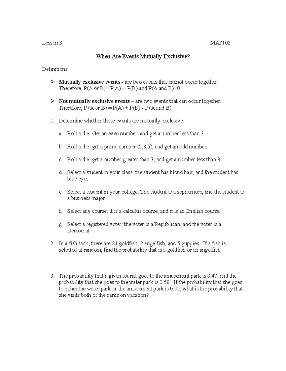 102 lesson 3 - Notes. - Lesson 3 MAT When Are Events Mutually Exclusive ...