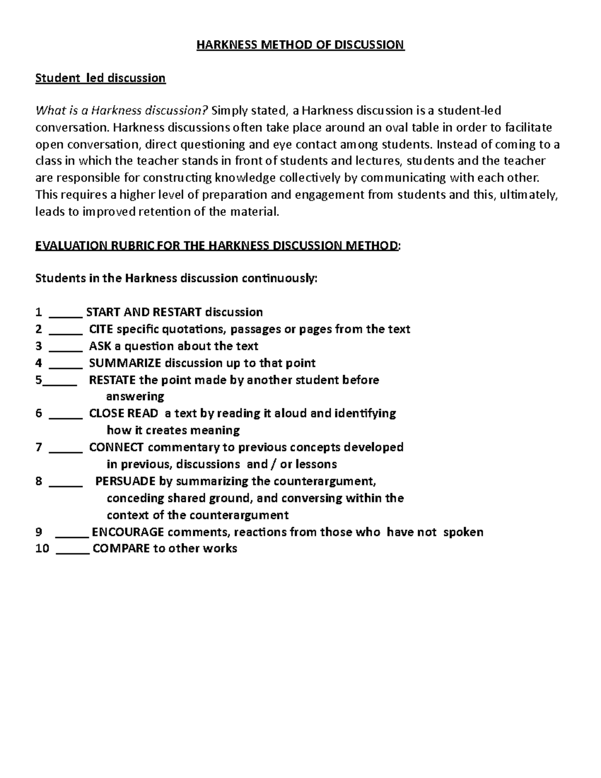 Harkness method of discussion - HARKNESS METHOD OF DISCUSSION Student ...