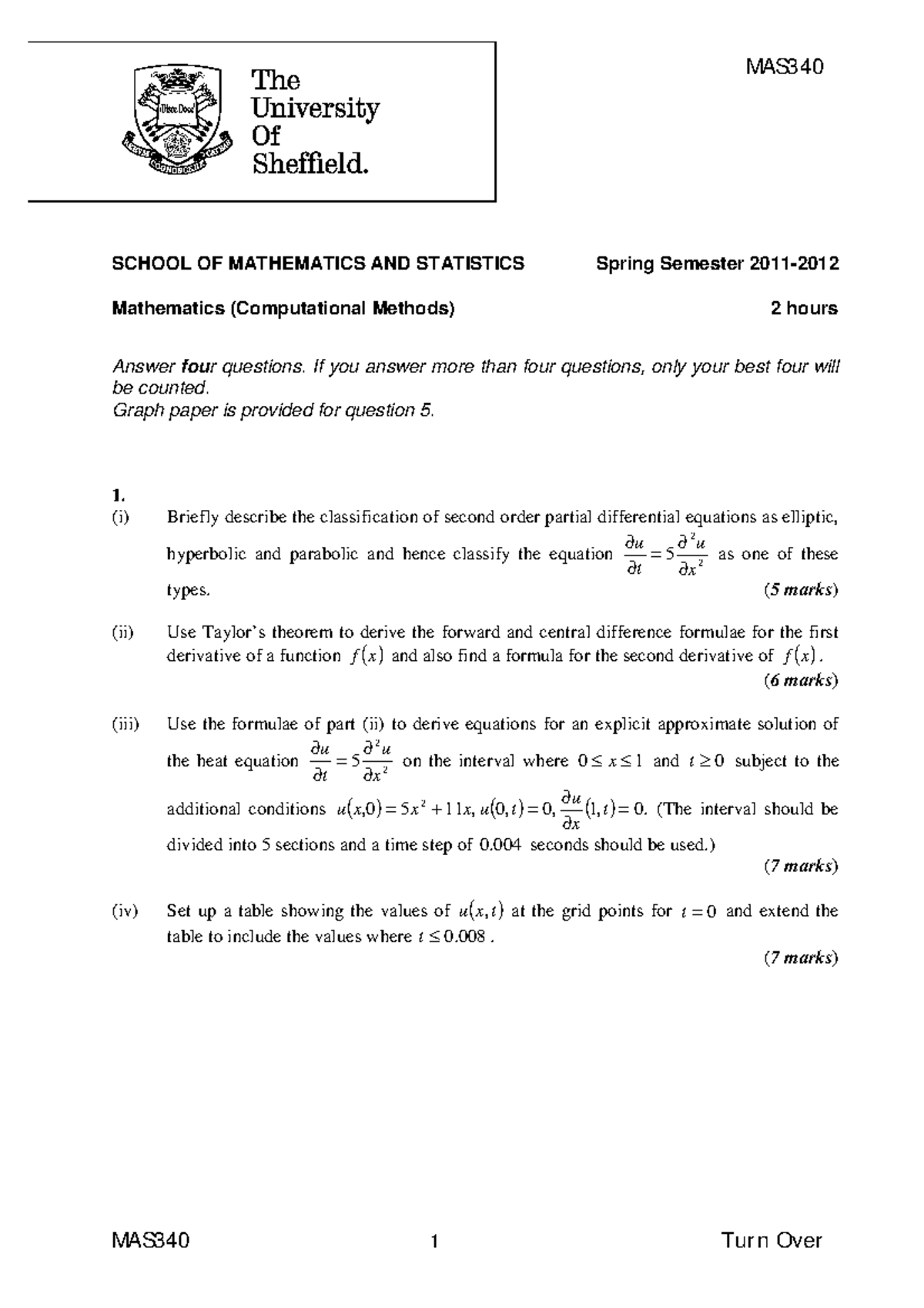 Exam 2012, questions - MAS 340 1 Turn Over SCHOOL OF MATHEMATICS AND ...