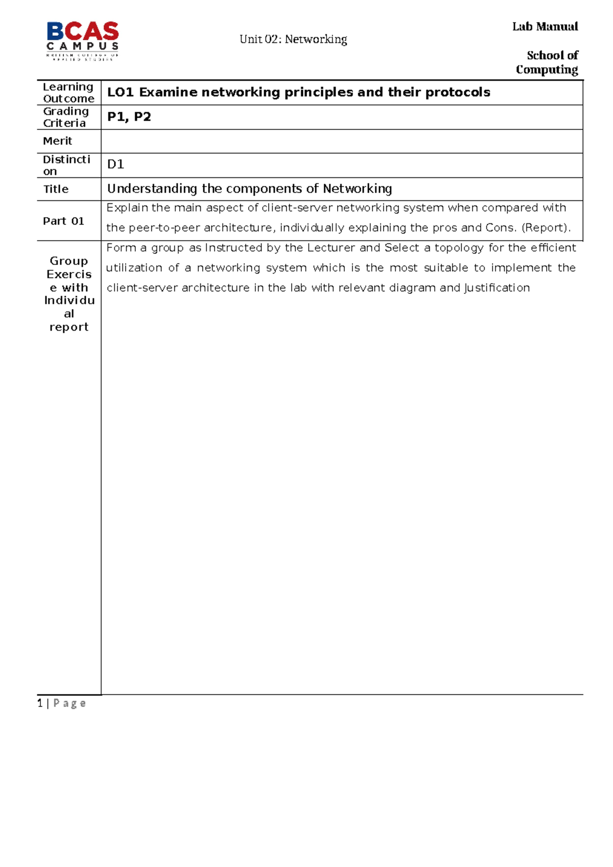 Lab Manual Networking - Practical Materiel - Unit 02: Networking School of Computing Learning ...