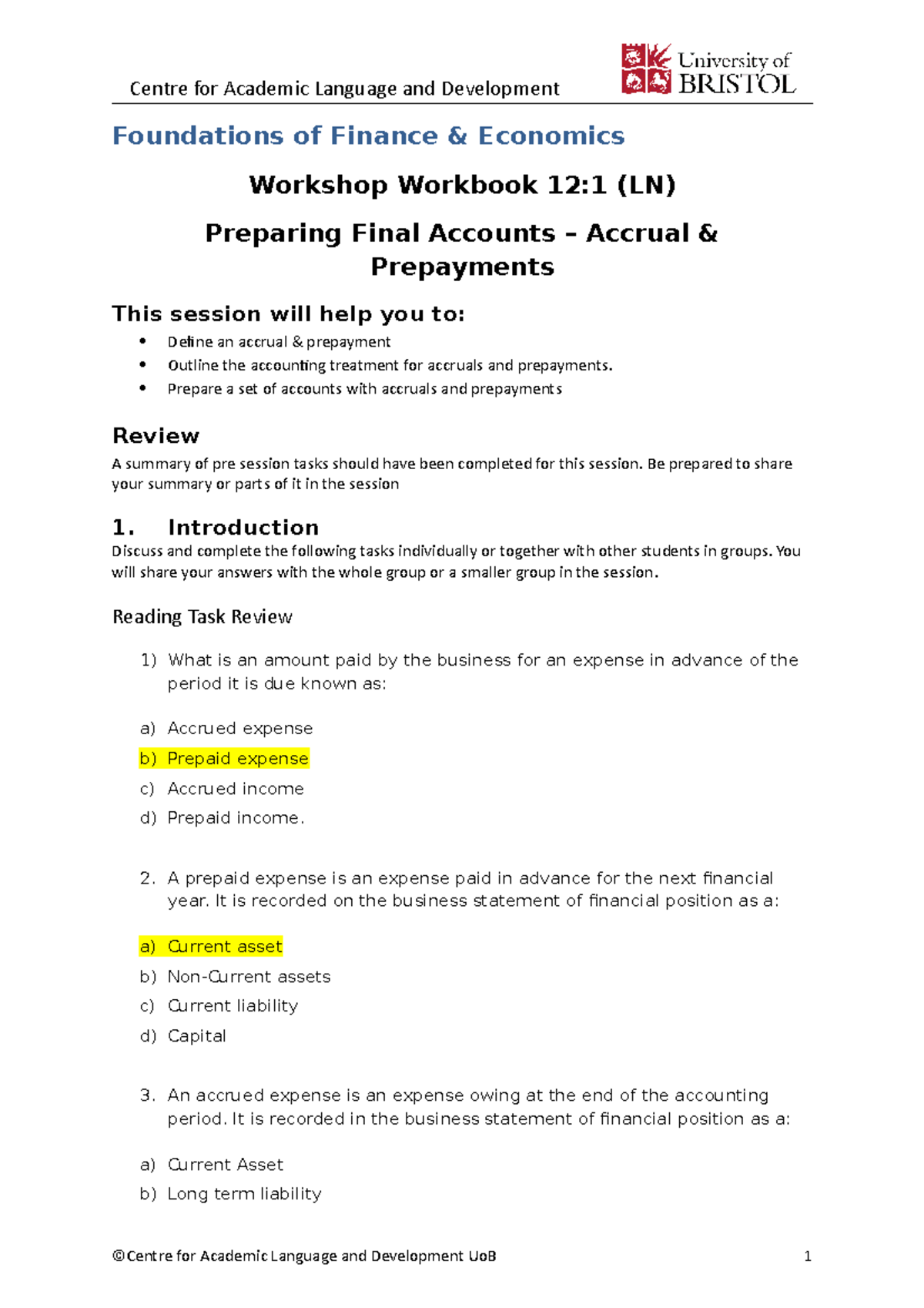 Preparing Final Statements with Accruals and Prepayments 12.1 ...