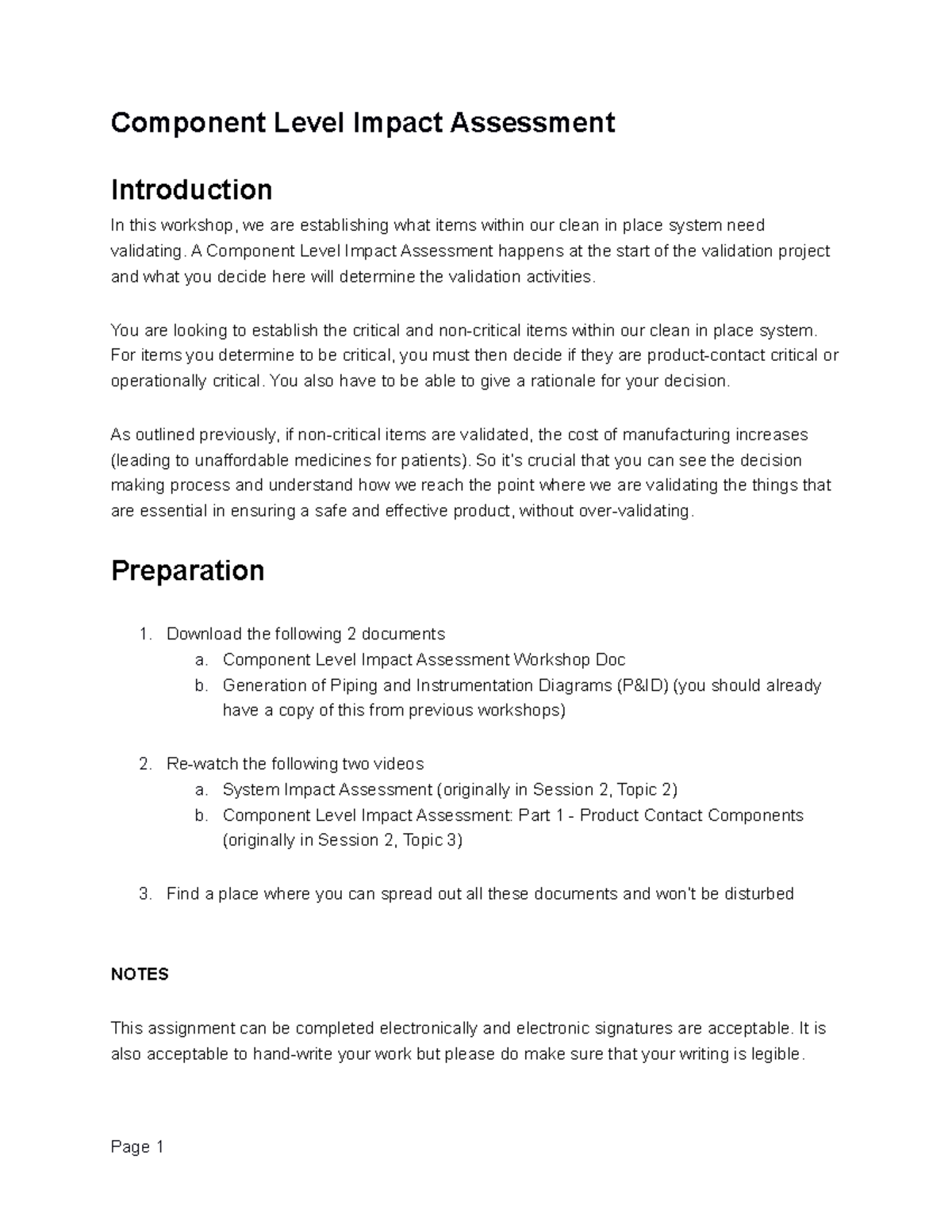 Component Level Impact Assessment Workshop 1 - Component Level Impact ...