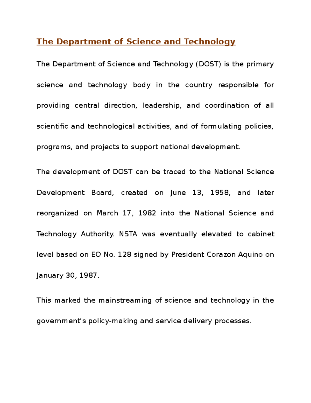 The Department of Science and Technology - The development of DOST can ...