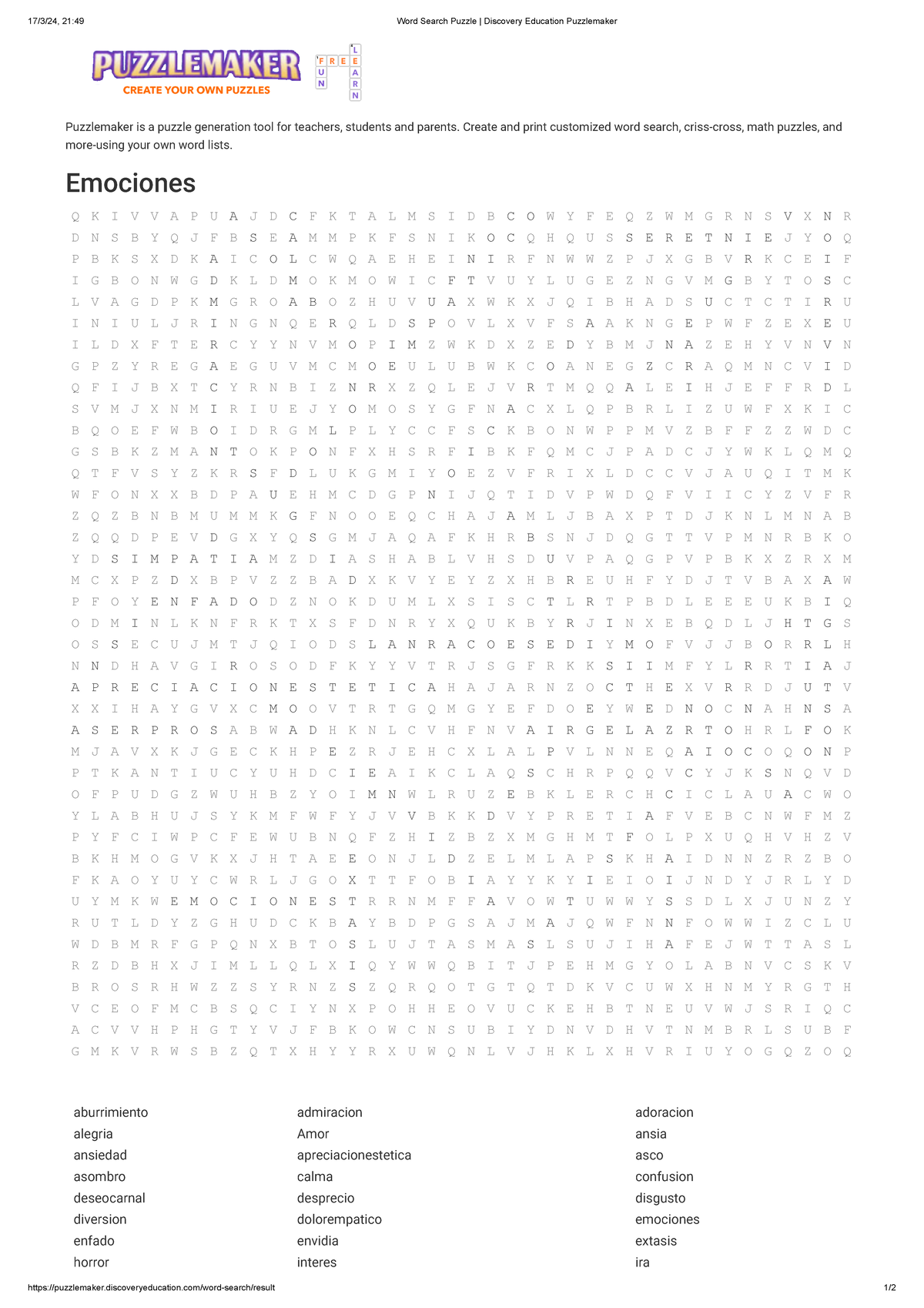 Sopa de letra las emociones - 17/3/24, 21:49 Word Search Puzzle ...