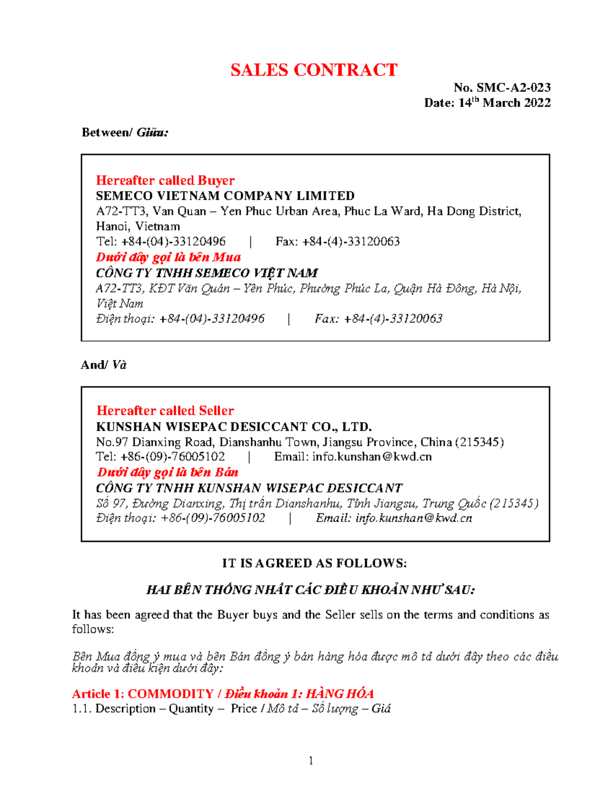 SALE Contract NHÓM 3 - Bài tập lớn môn giao dịch thương mại quốc tế Học ...