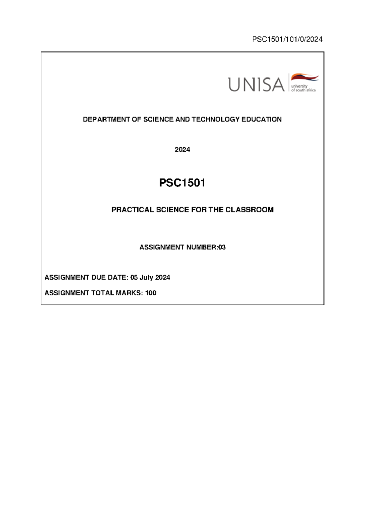 PSC1501 Assignment 03 2024 - PSC1501/101/0/ DEPARTMENT OF SCIENCE AND ...