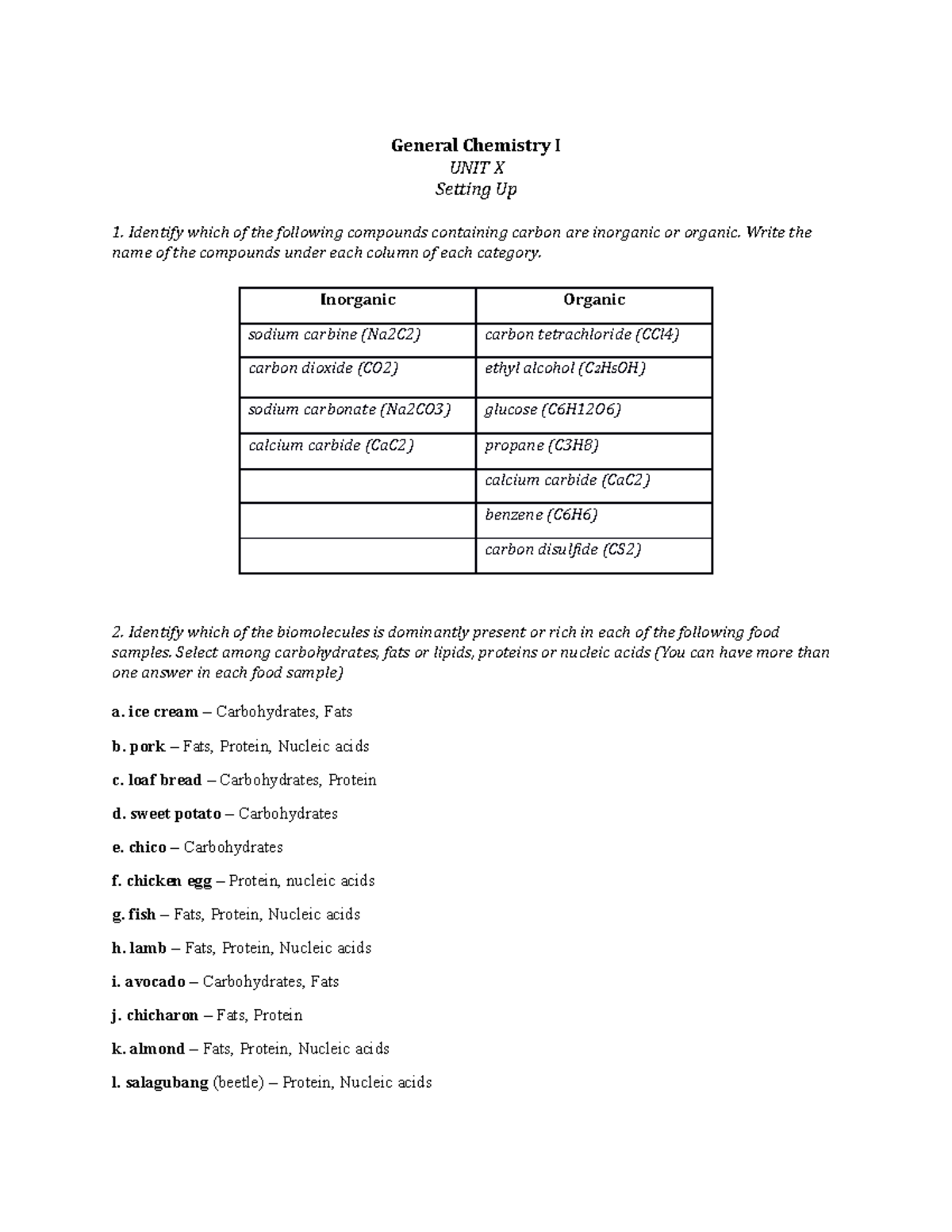 UNIT X Setting Up - Chemistry Assignment 2 - General Chemistry I UNIT X ...