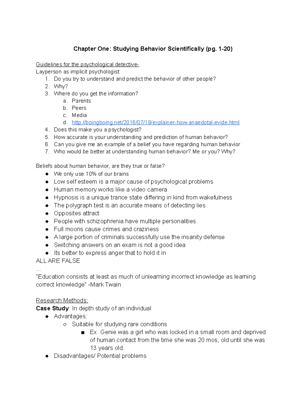 Chapter 1 Notes - Chapter One: Studying Behavior Scientifically (pg. 1 ...