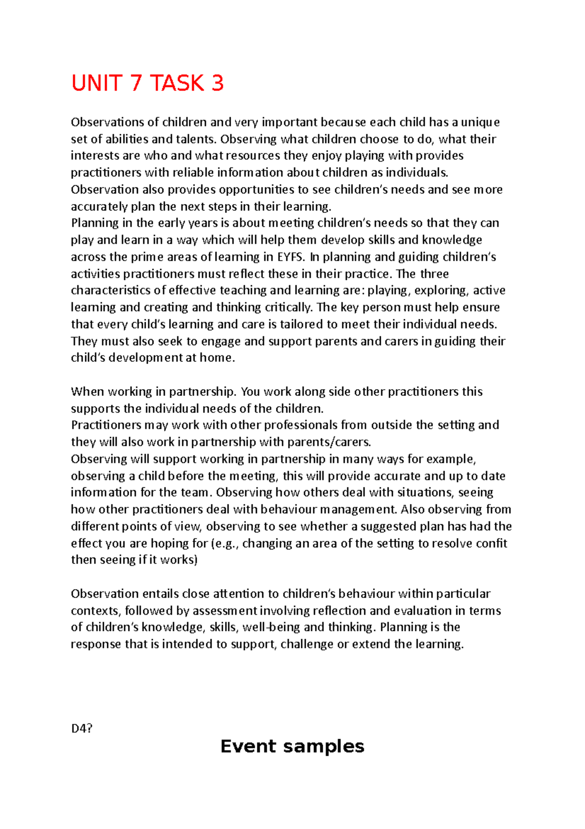 UNIT 7 TASK 3 childcare Observation techniques - UNIT 7 TASK 3 ...