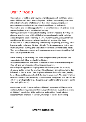 UNIT 7 TASK 3 childcare Observation techniques - UNIT 7 TASK 3 Observations of children and very ...