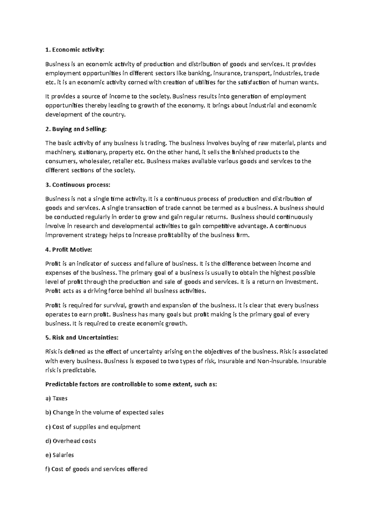 Business Environment unit 1 - Economic activity: Business is an ...