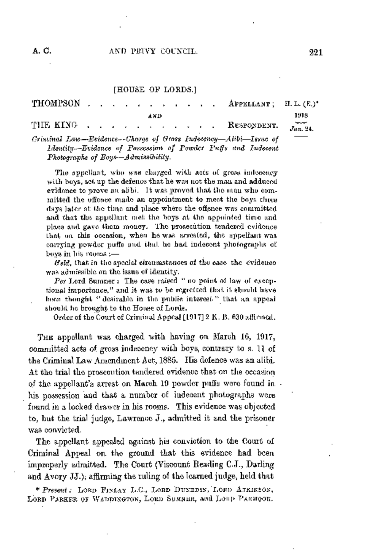 Thompson Appellant; AND THE KING Respondent. [1918] A.C. 221 - Law of ...