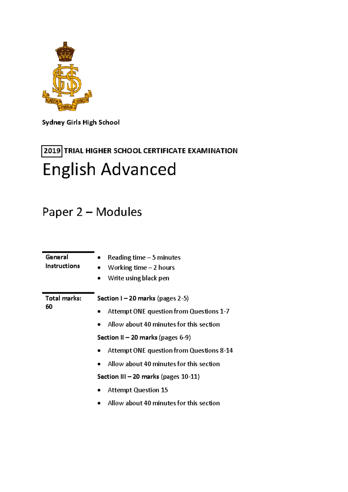 Sydney Girls 2019 English Trial Paper 2 Advanced - Sydney Girls High ...
