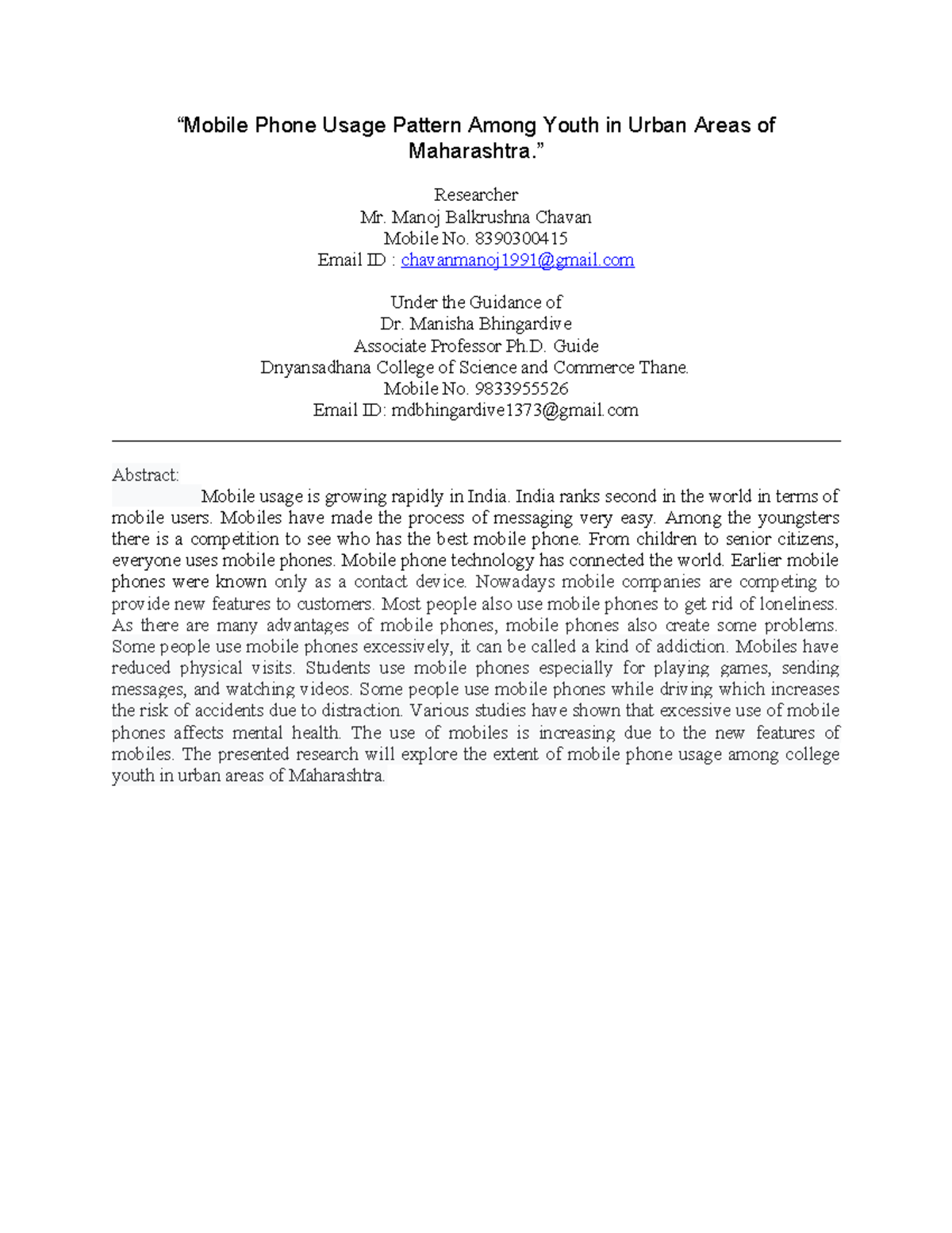 Abstract “Mobile Phone Usage Pattern Among Youth in Urban Areas of ...