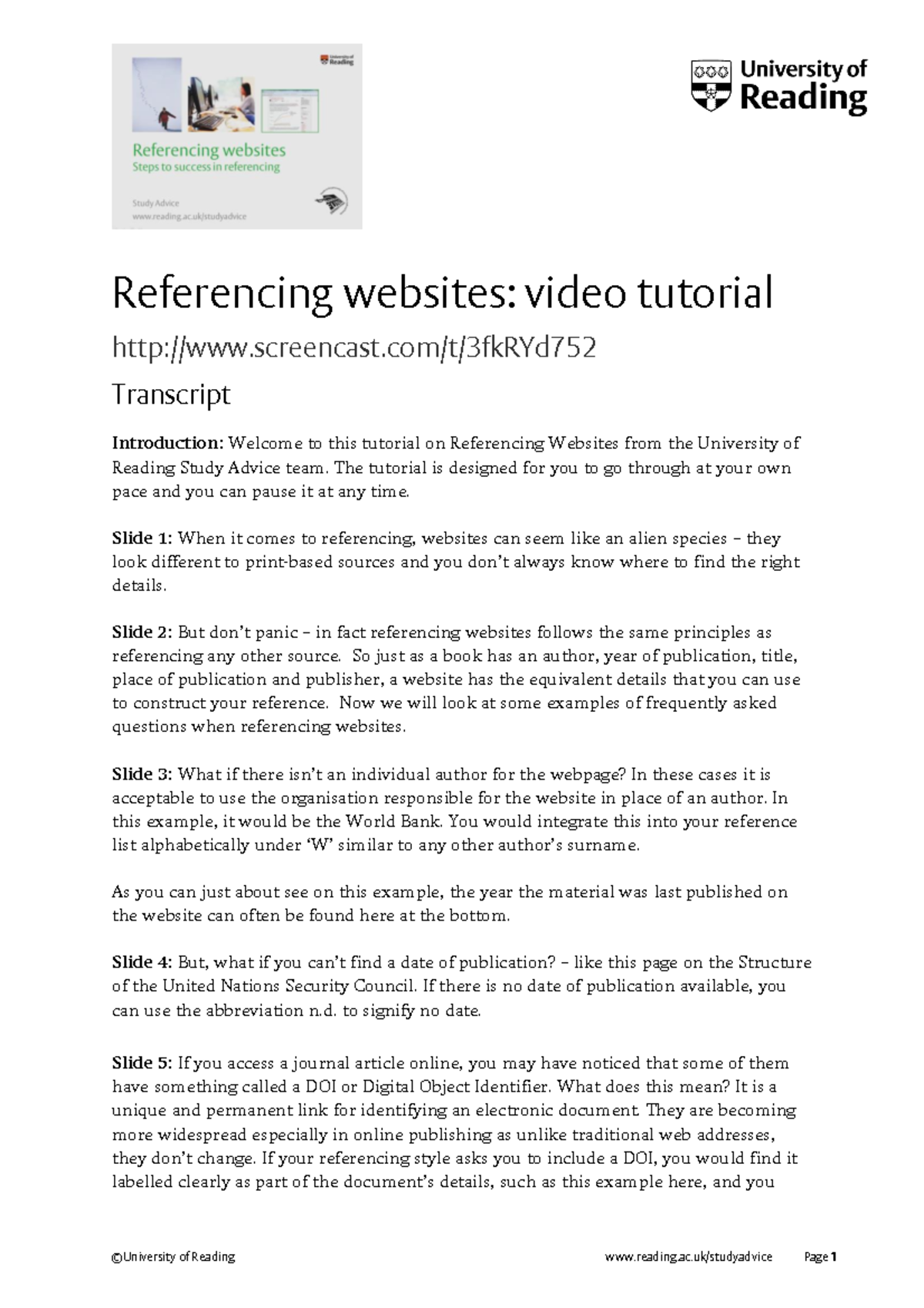 Referencing websites - ©University of Reading reading.ac/studyadvice ...