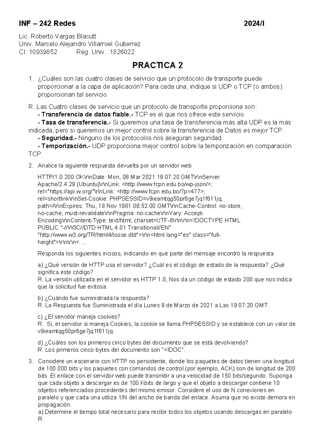 Practica TCP Inf 273 - INF – 242 Redes 2024/I Lic. Roberto Vargas ...