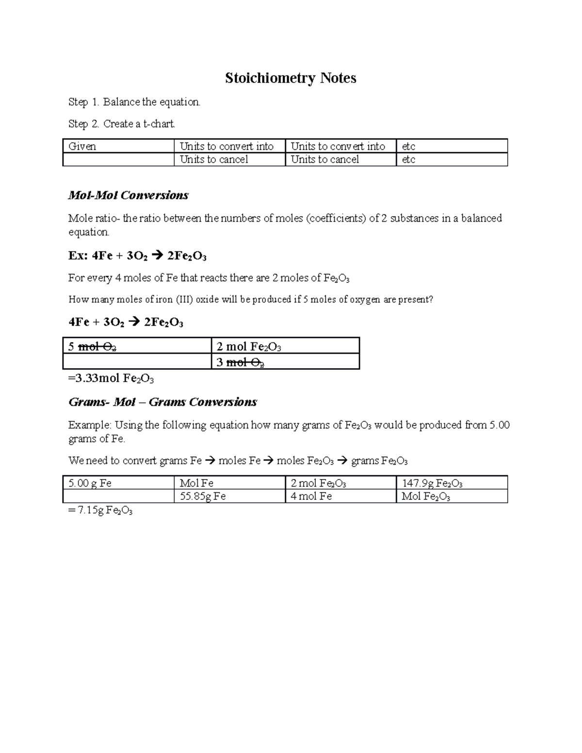 Stoichiometry Notes - Stoichiometry Notes Step 1. Balance the equation ...