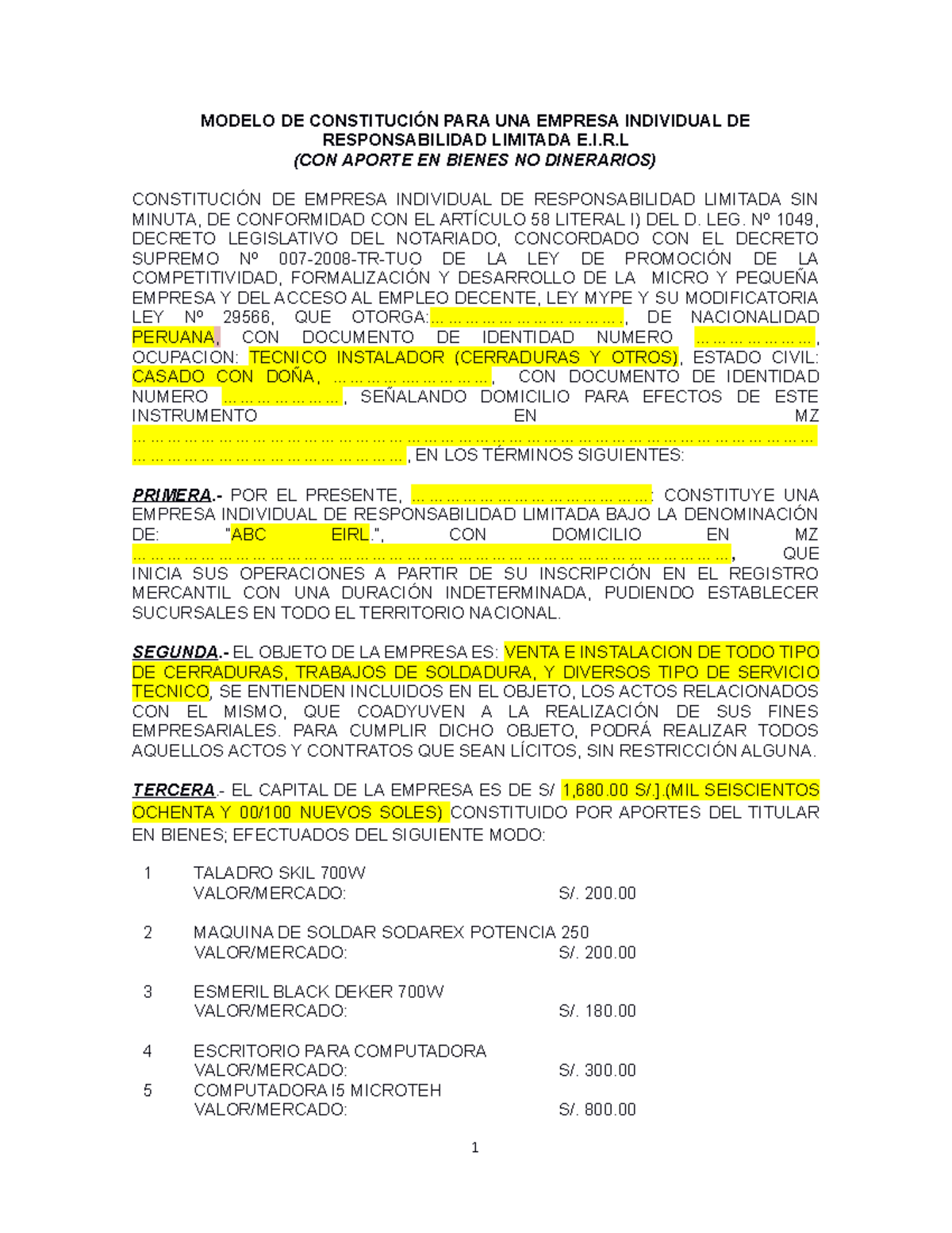 Constitucion PARA UNA EIRL bienes - MODELO DE CONSTITUCIÓN PARA UNA ...