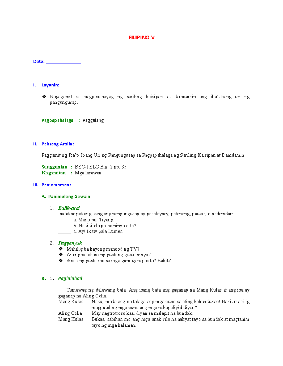 JEN-4-As-LP - none - FILIPINO V Date: ______________ I. Layunin ...