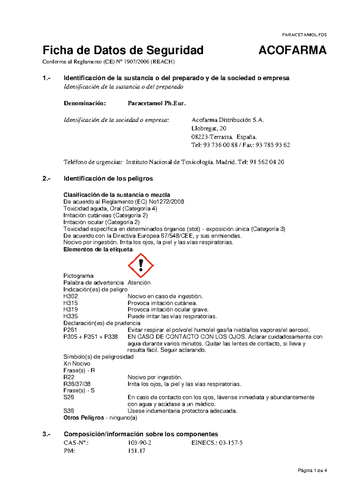 Acetaminofen-Paracetamol - Ficha de Datos de Seguridad ACOFARMA ...