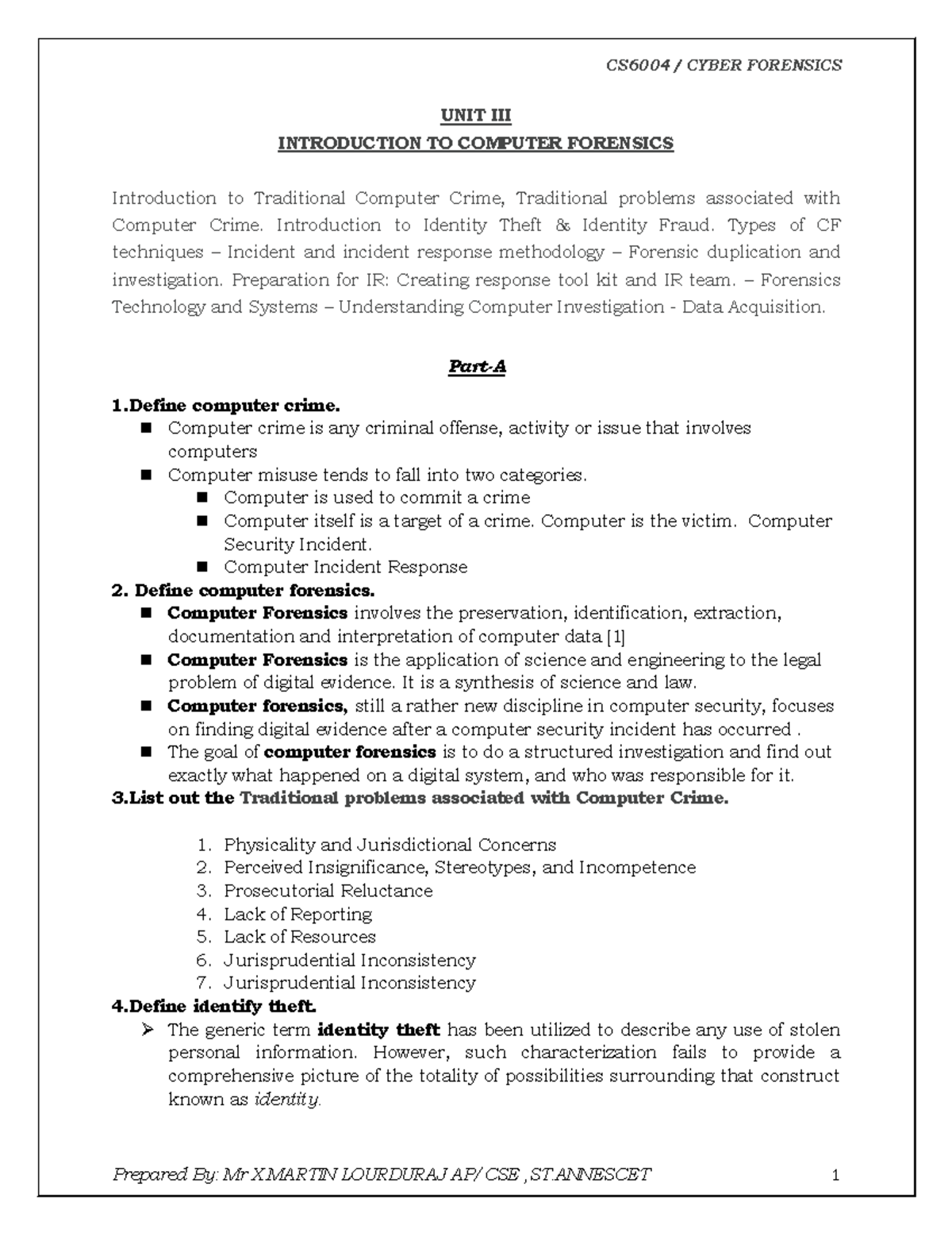 CS6004- Cyber Forensics UNIT 3 - UNIT III INTRODUCTION TO COMPUTER FORENSICS Introduction to ...