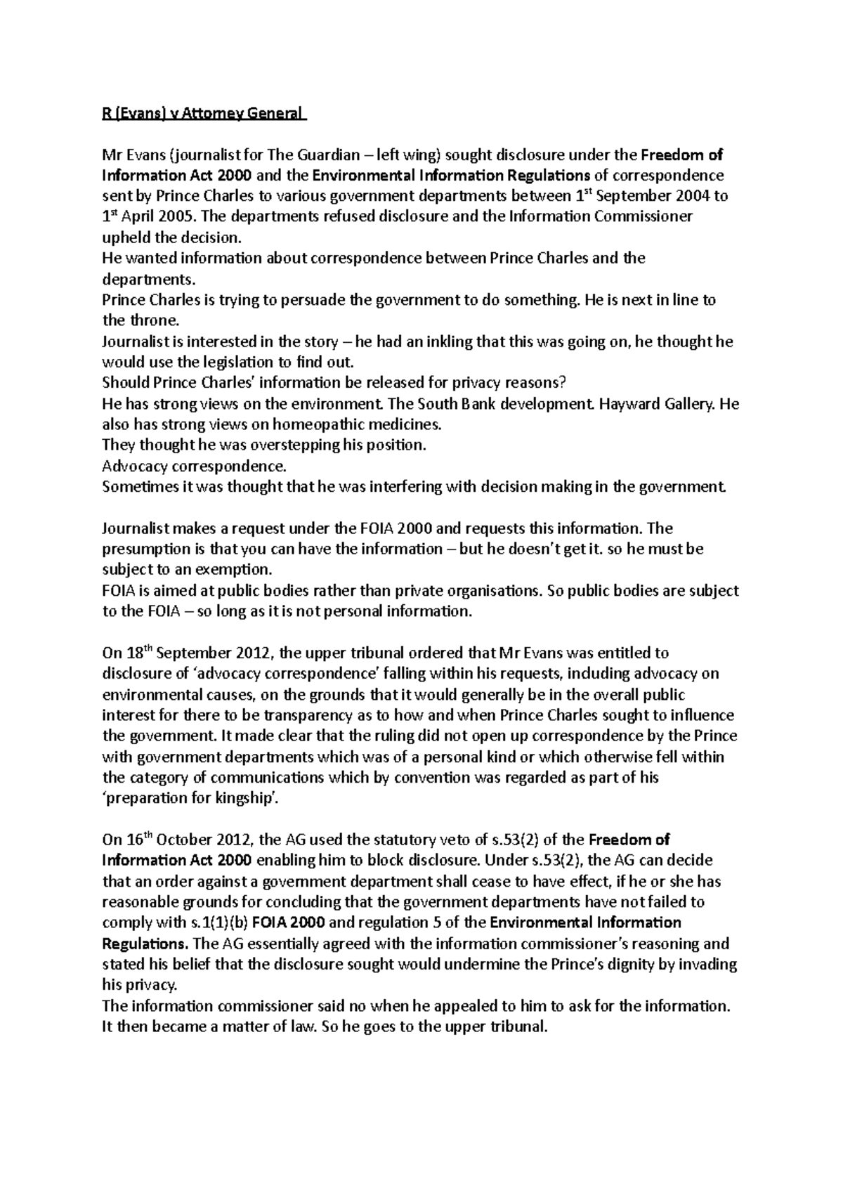 Public LAW S7 - R (Evans) v Attorney General Mr Evans (journalist for ...