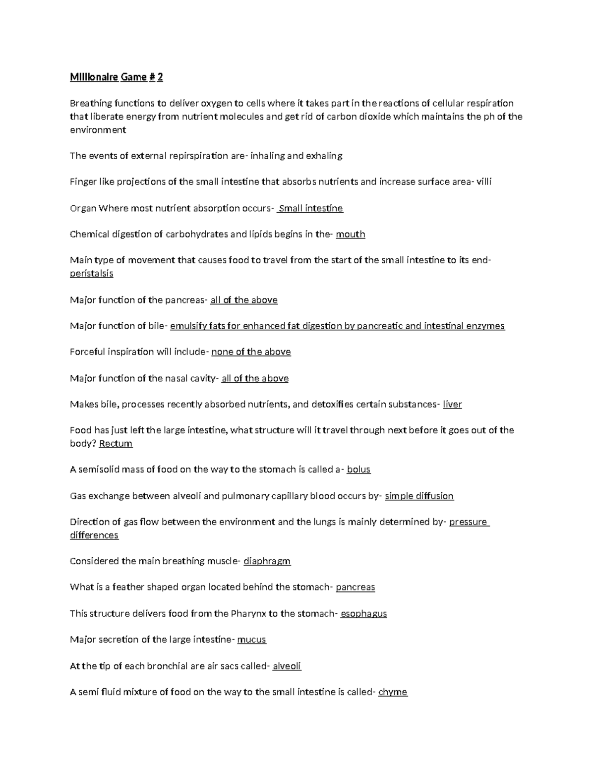 BIO118 Millionaire Game 2 - Millionaire Game # 2 Breathing functions to ...