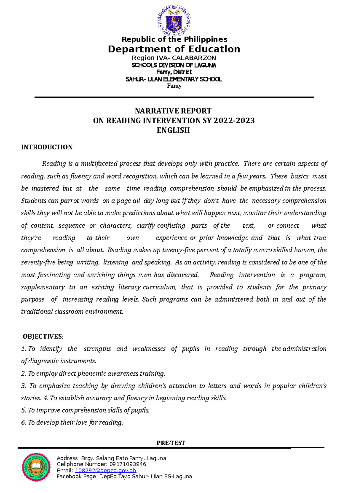 Narrative Report Reading Report - Department of Education Region IVA ...