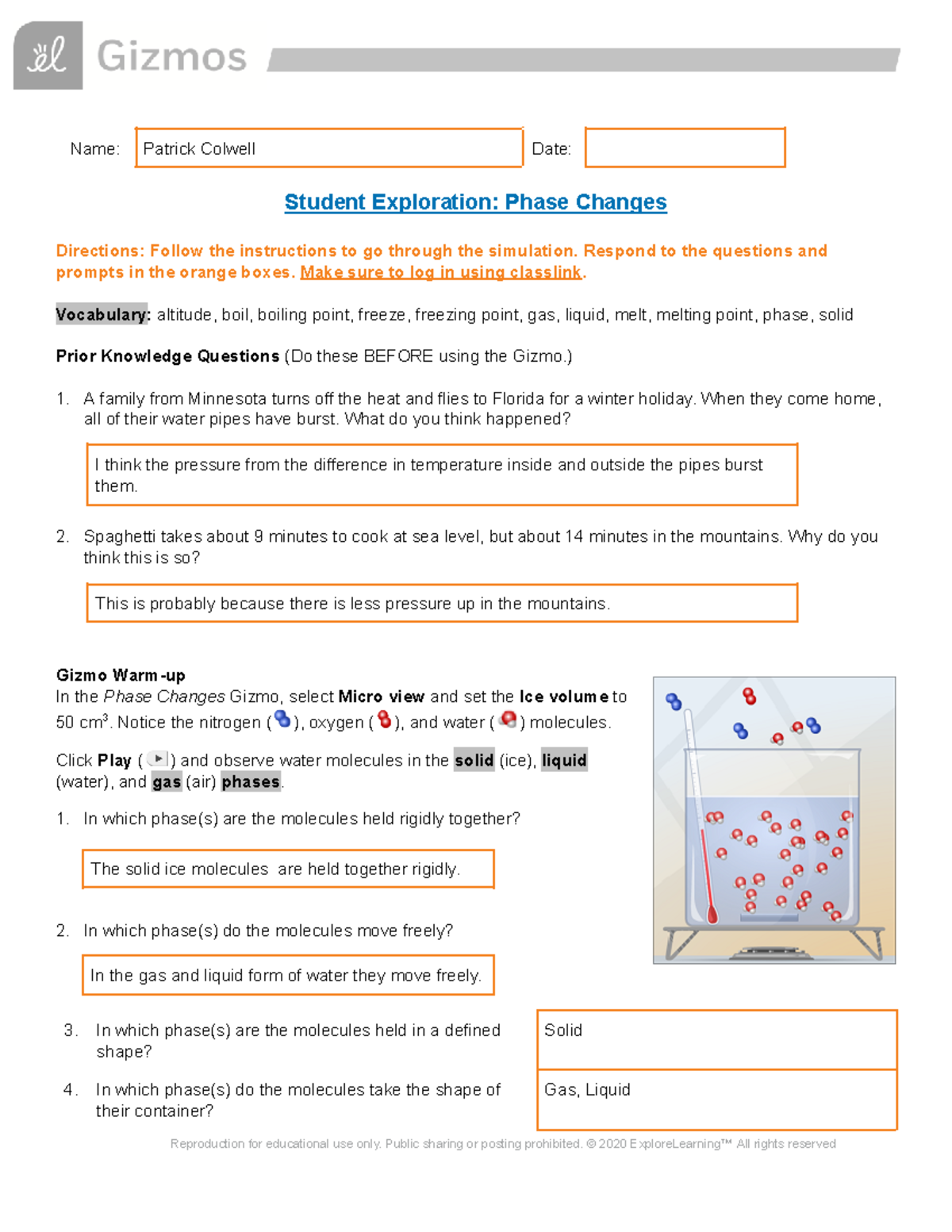 Patrick Colwell - Phase Changes - Name: Patrick Colwell Date: Student ...