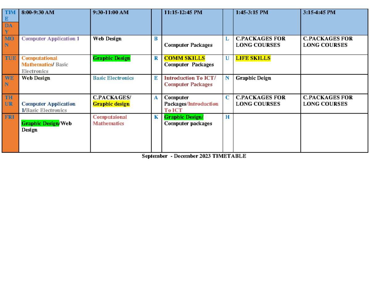 ICT Timetable September to December - September - December 2023 ...