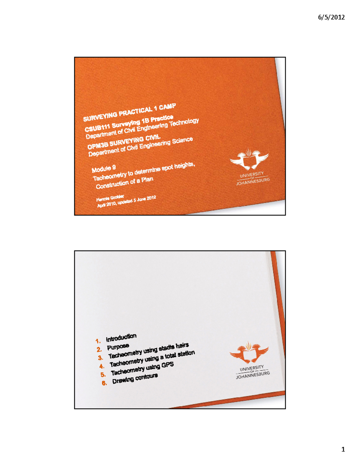 UJ Civil Eng Science Practical Module 9 Tacheometry - 6/5/2012 1 6/5 ...