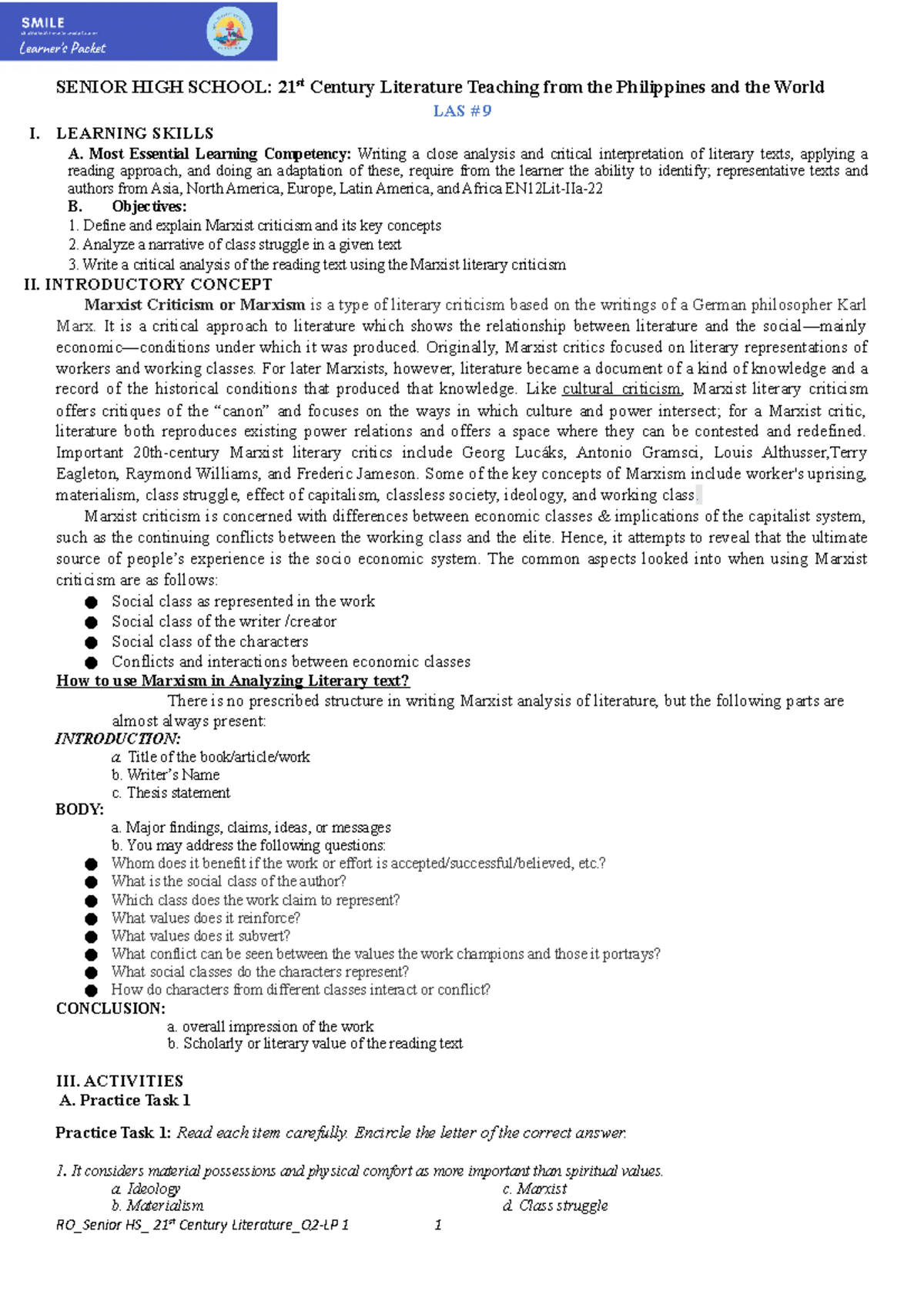 QA 21st-Q2-LP-1 - n/a - SENIOR HIGH SCHOOL: 21st Century Literature ...