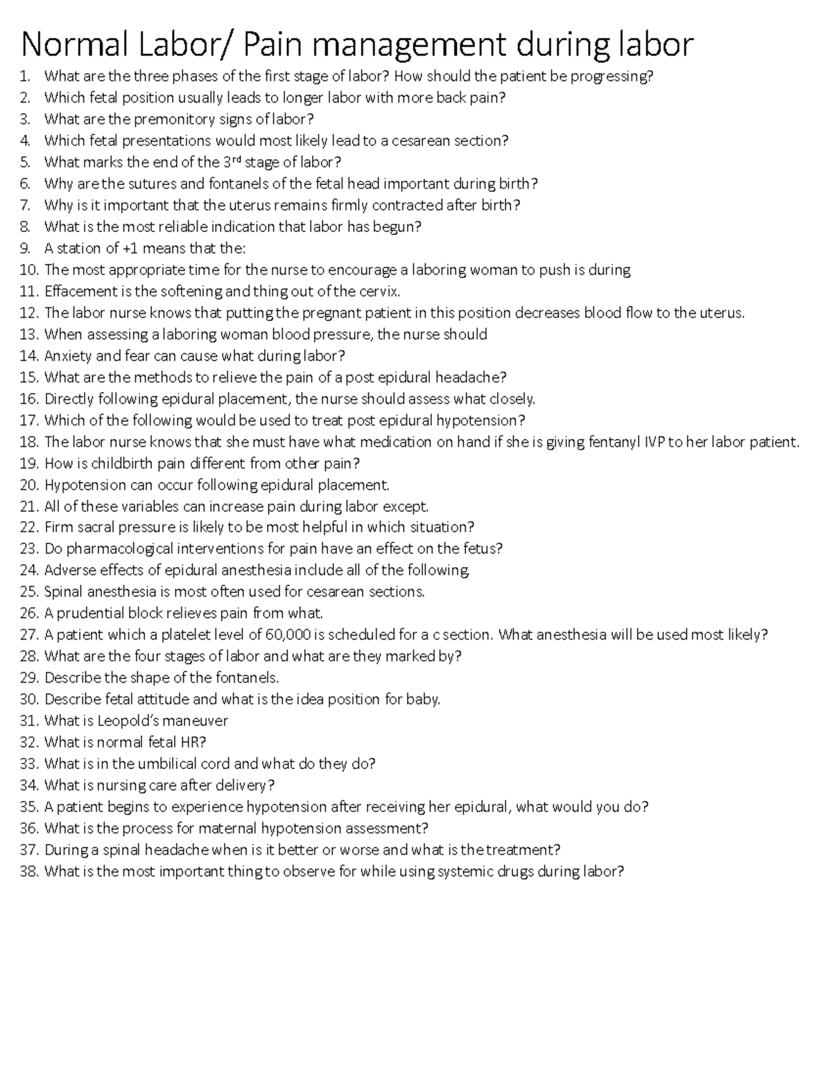 Normal labor and pain mgmt study guide - Normal Labor/ Pain management ...