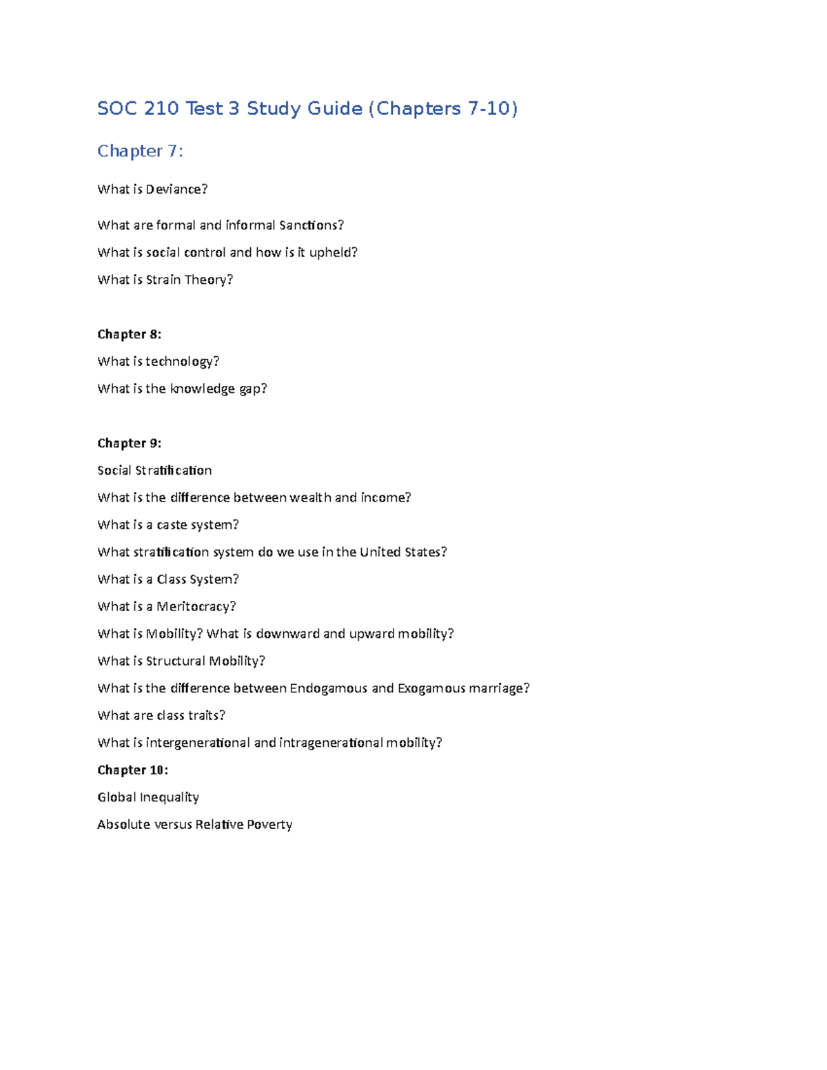 Test 3-Study-Guide-SOC210-SP2023 - SOC 210 Test 3 Study Guide (Chapters ...