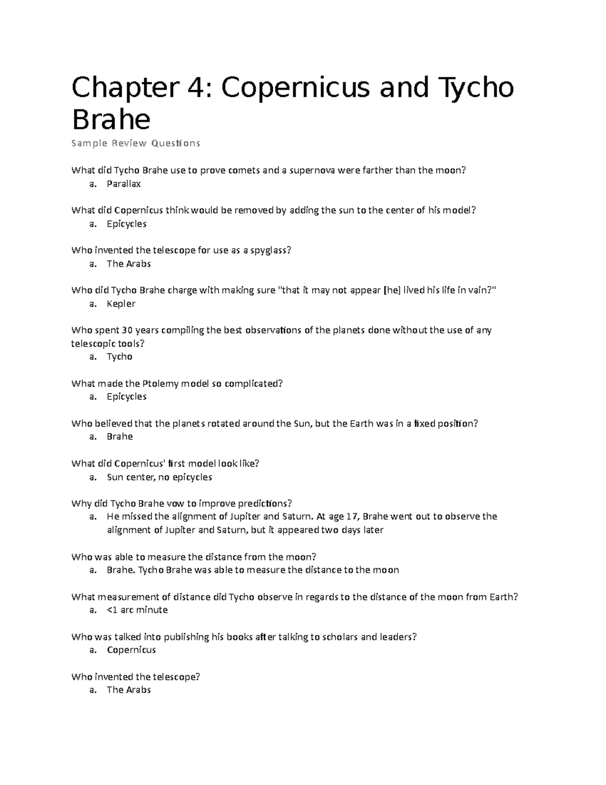 Chapter 4 Sample Questions - Chapter 4: Copernicus and Tycho Brahe ...