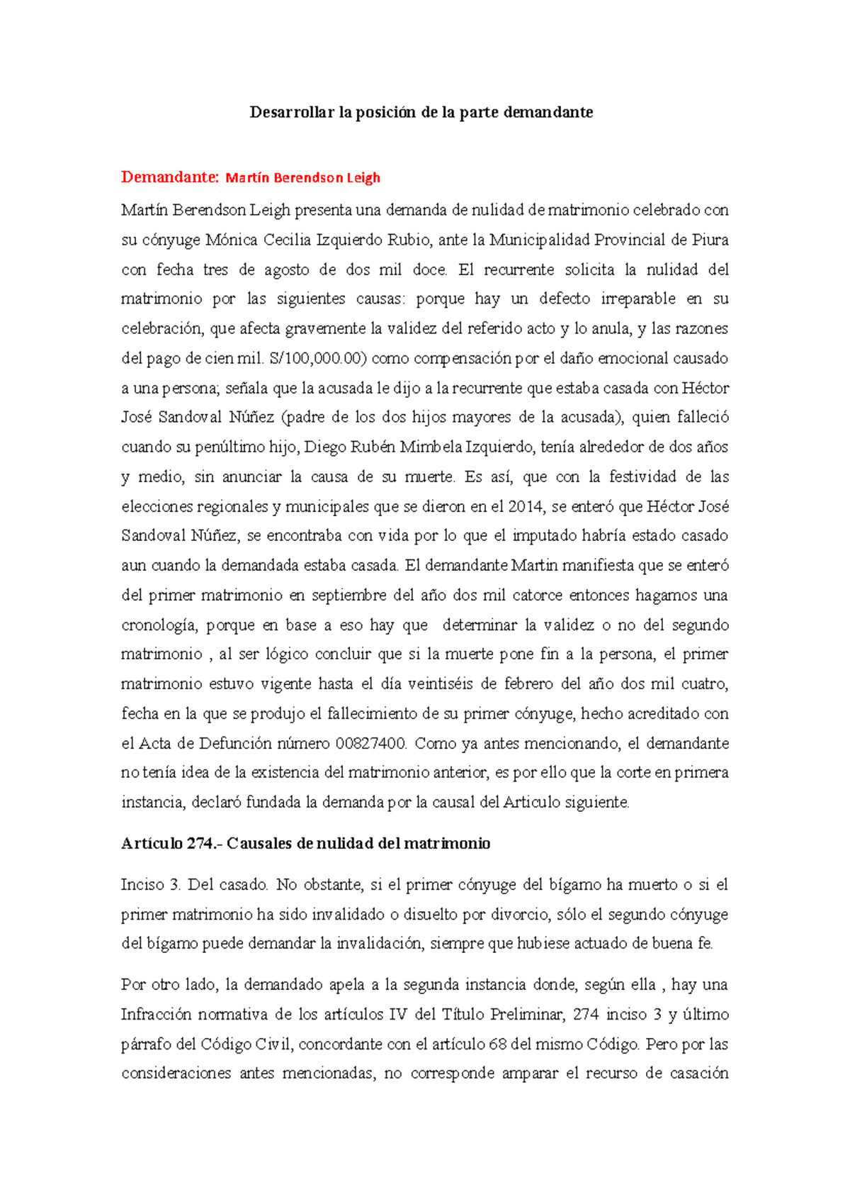Desarrollar la posición de la parte demandante - Desarrollar la ...