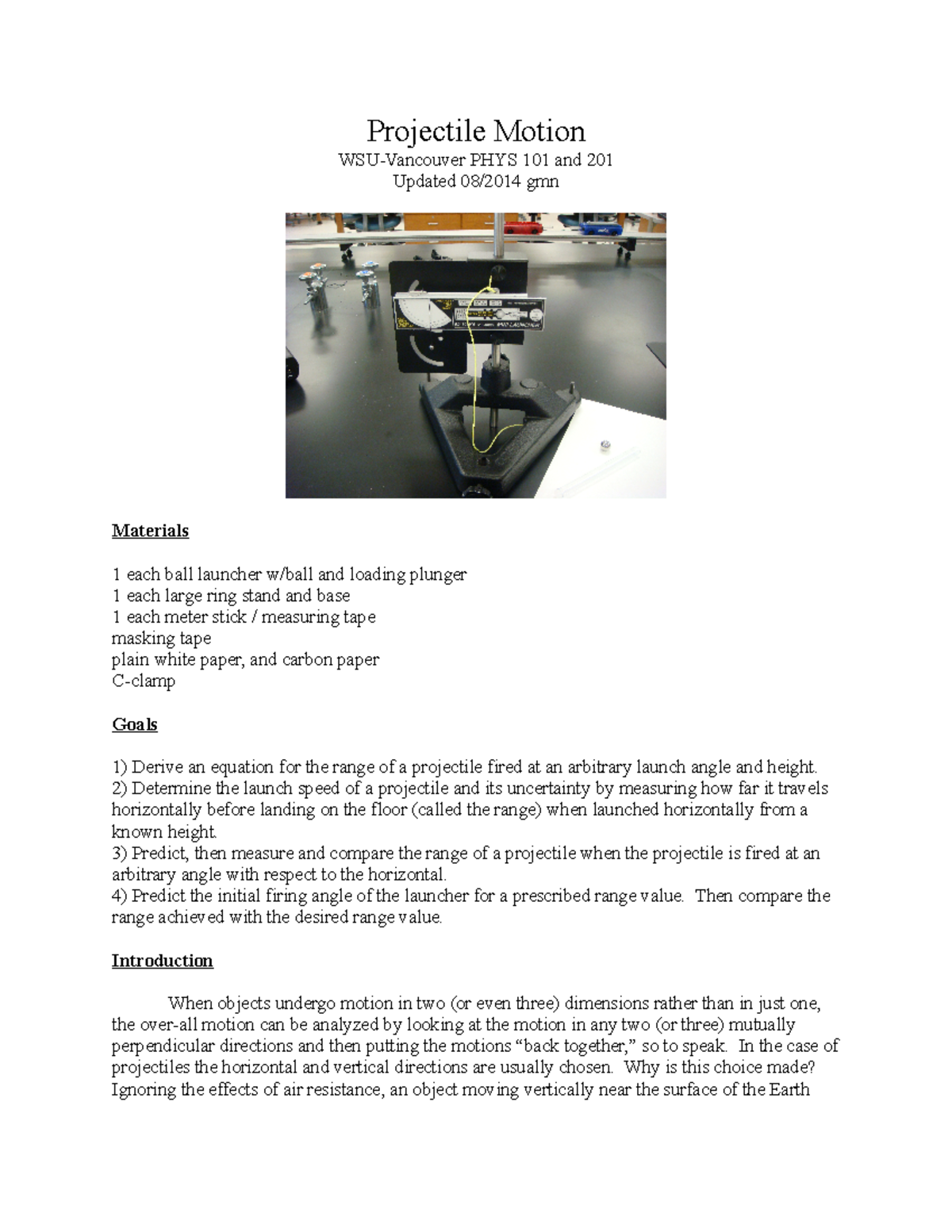Projectile Motion 2014 - Projectile Motion WSU-Vancouver PHYS 101 and ...