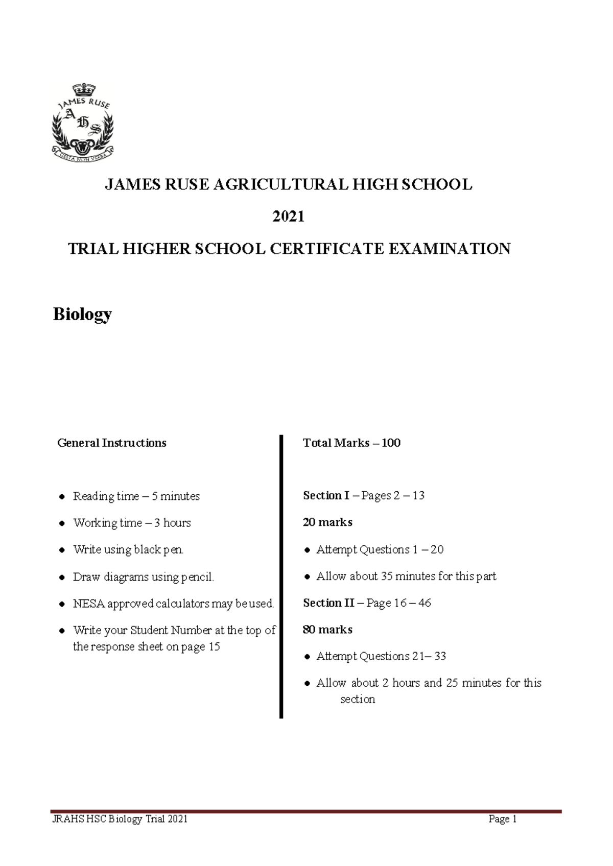 James Ruse 2021 Biology Trials & Solutions - JAMES RUSE AGRICULTURAL ...