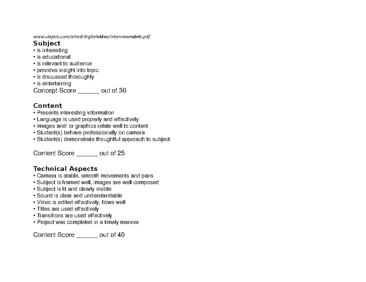Evaluation Rubric for Video Production - olejarz/arted/digital video ...