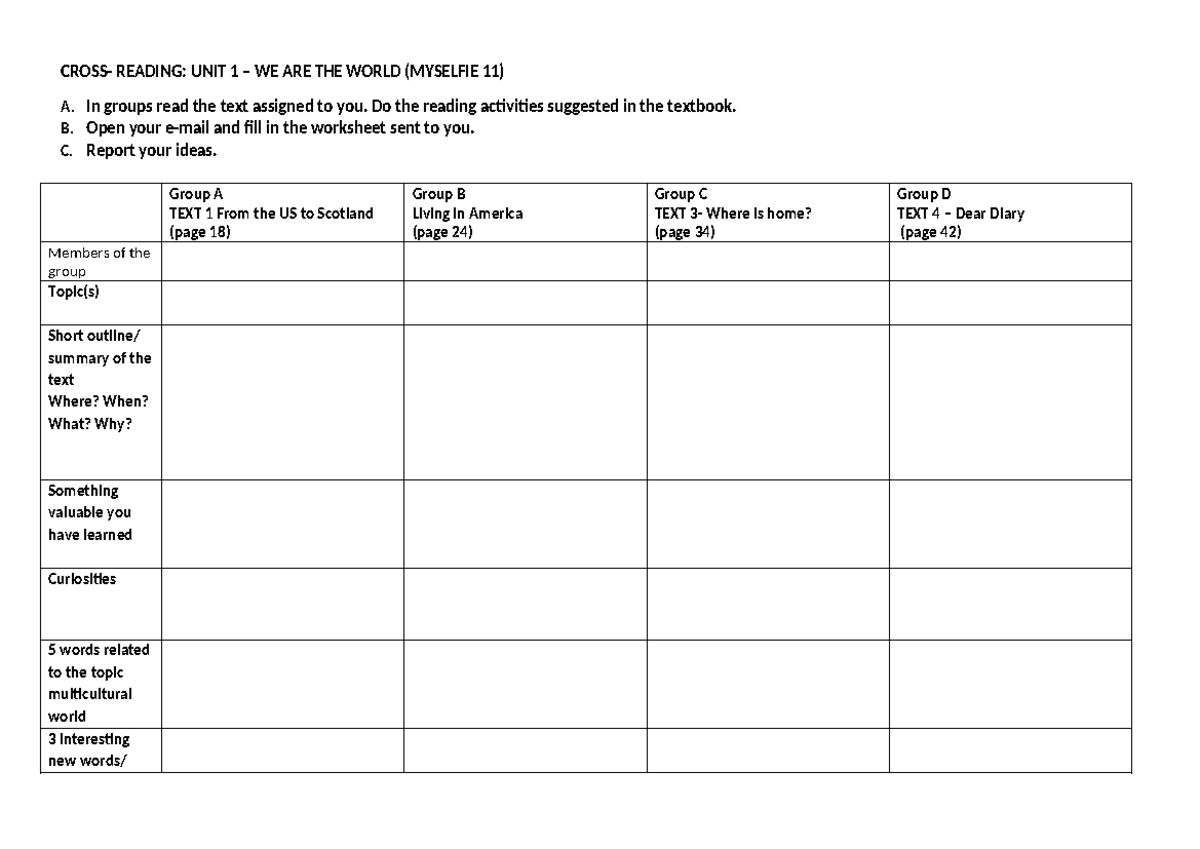 Cross reading My Selfie Unit1 - 7texts - CROSS- READING: UNIT 1 – WE ...