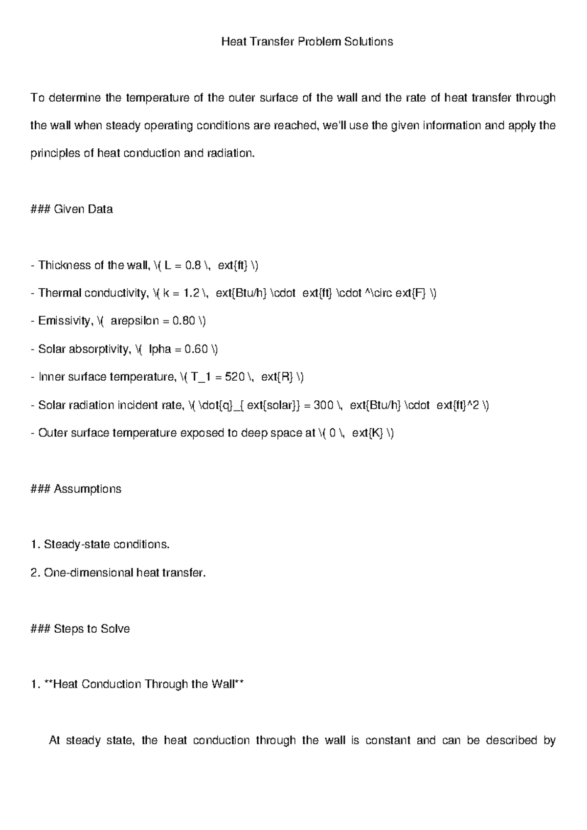 Heat Transfer Solutions for University exams - Heat Transfer Problem Solutions To determine the ...